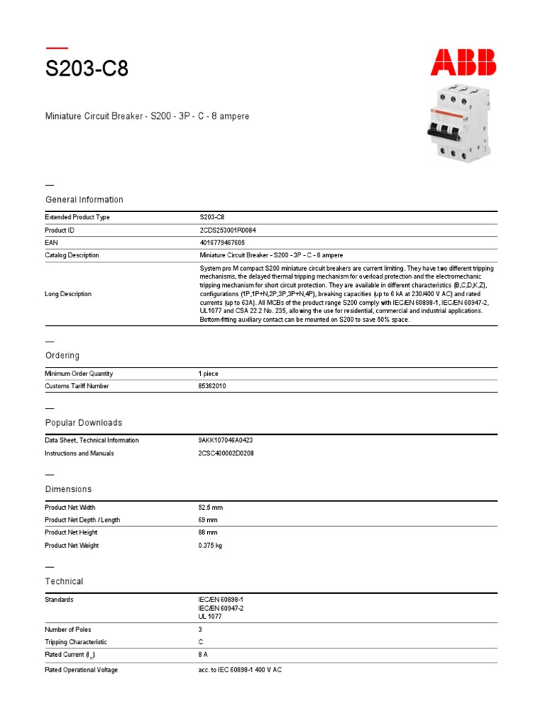2CDS253001R0084 Miniature Circuit Breaker s200 3p C 8 Ampere | PDF