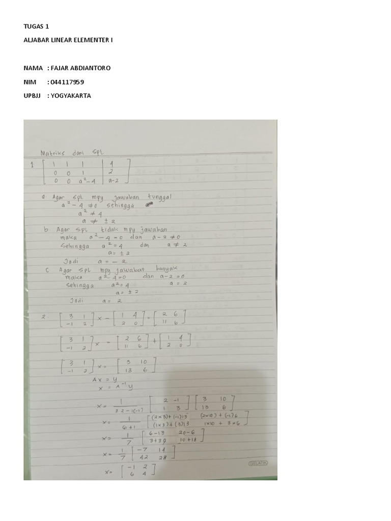 Tugas 1 Aljabar Linear Elementer I | PDF