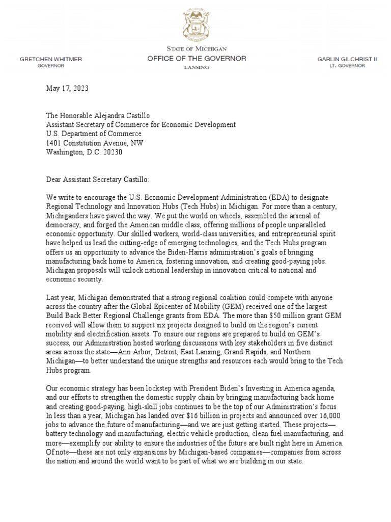 Letter To EDA Regional Technology and Innovation Hubs | PDF