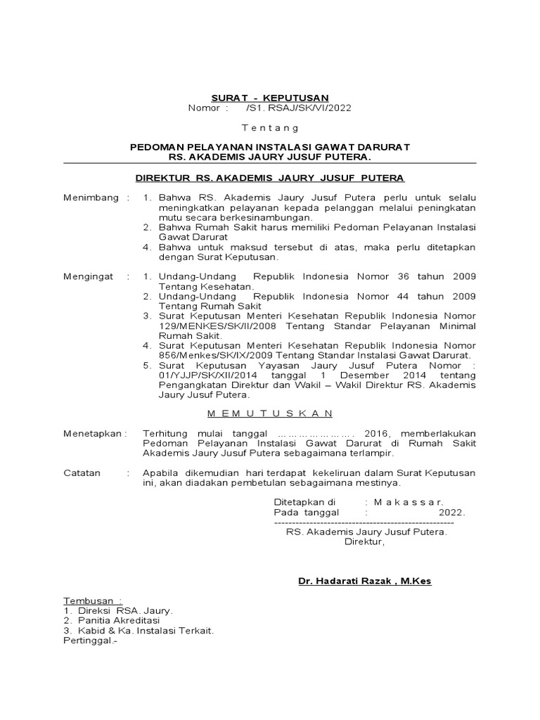 SK Tentang PEMBERLAKUAN BUKU PEDOMAN Pelayanan IGD | PDF