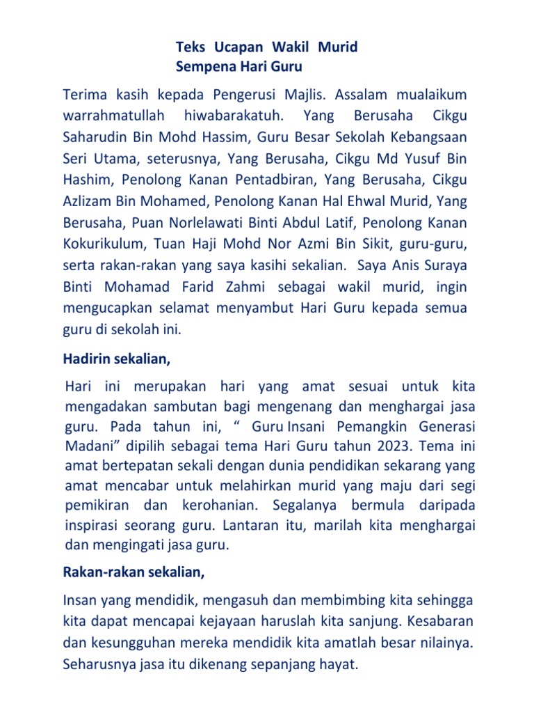Teks Ucapan Hari Guru Wakil Murid Pdf 
