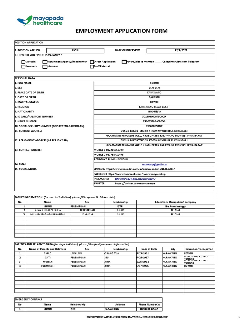 NEW Application Form - Mayapada Healthcare | PDF