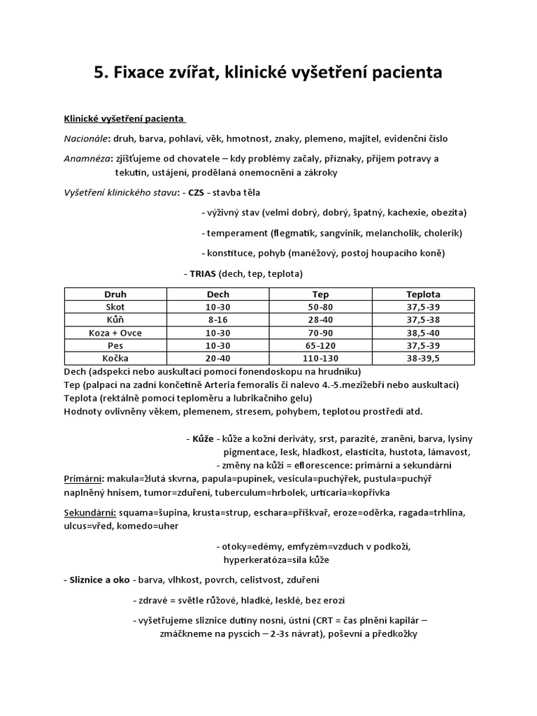 1. Fixace Zvířat, Klinické Vyšetření Pacienta | PDF
