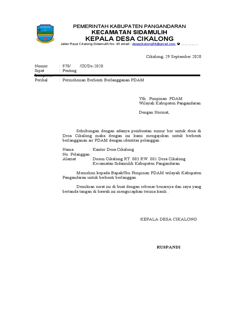 Surat Berhenti Berlangganan Air PDAM | PDF