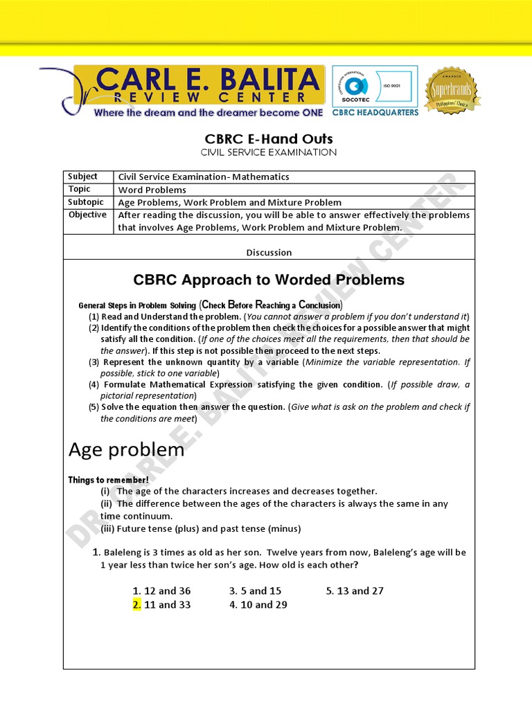 CBRC HandOuts-CSE Age, Work, Mixture | PDF | Mixture | Mathematics