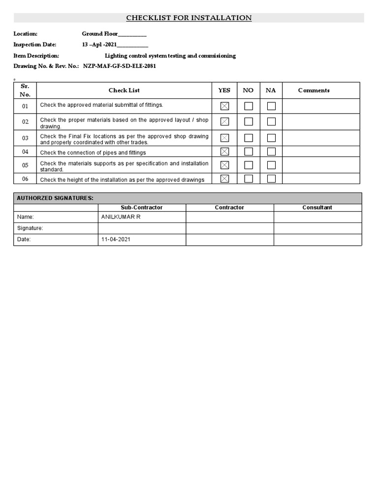 Lighting Control System Installation Checklist | PDF