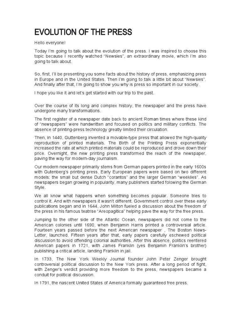 Evolution of The Press - Apre - Oral | PDF | Newspapers | Freedom Of ...