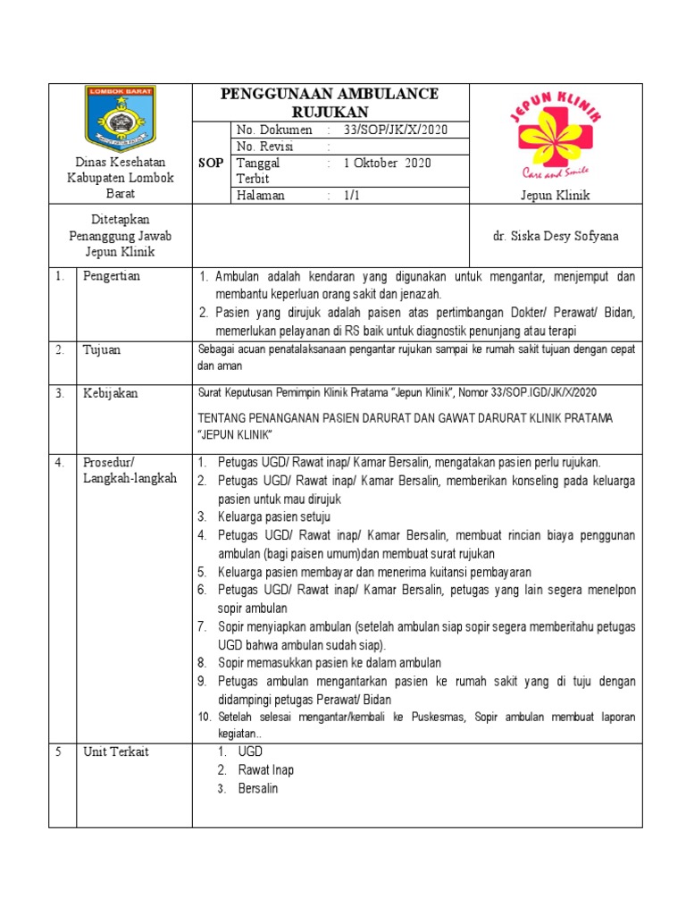Sop Penggunaan Ambulance Rujukan | PDF