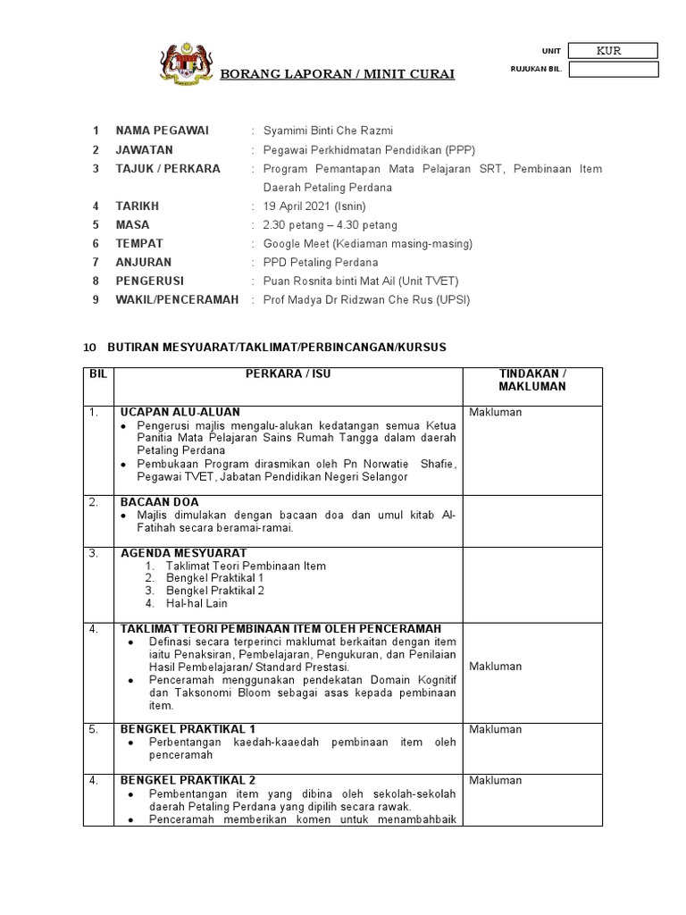 Minit Curai Bengkel Pembinaan Item SRT - PPD PP | PDF