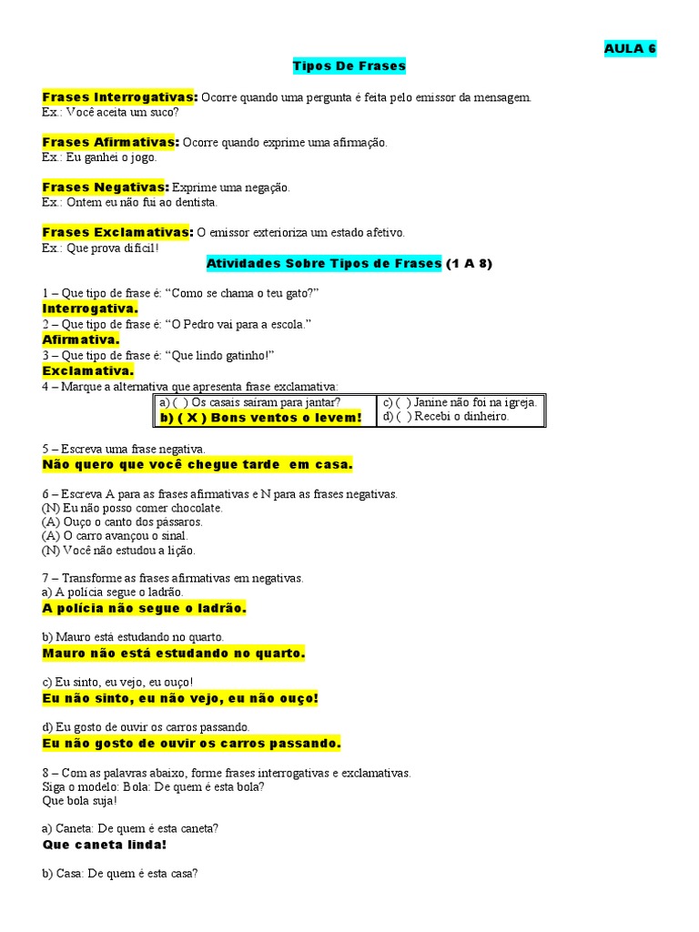 6 AULA - Atividades Sobre Tipos de Frases (1 A 8) | PDF