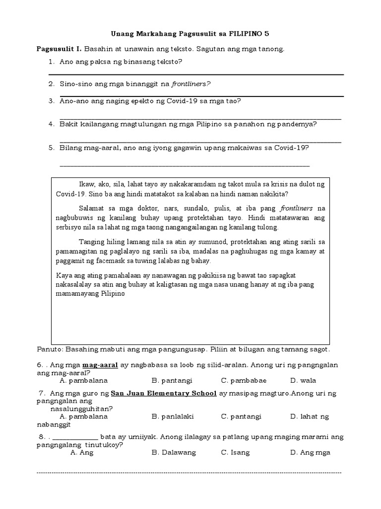1st Periodical Test in Filipino 5 | PDF