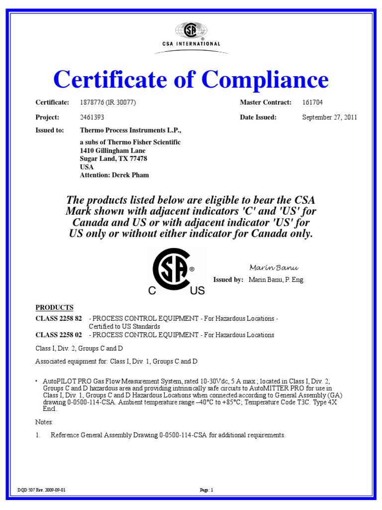 Thermo Process Instruments Compliance Certificate | PDF | Manufactured ...