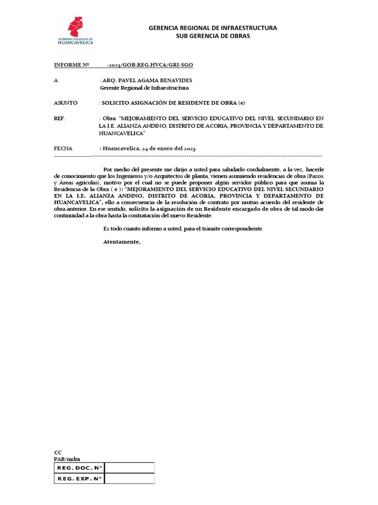 Informe # 2023 - Solicito Asignacion de Residente | PDF