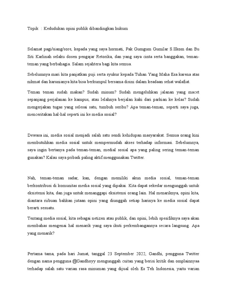 Contoh Teks Argumentatif Pidato (Kedudukan Opini Publik Dibandingkan ...
