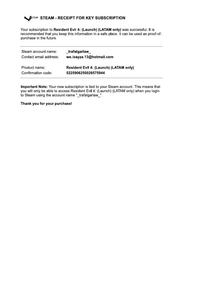 STEAM - Receipt For Your Key Subscription | PDF