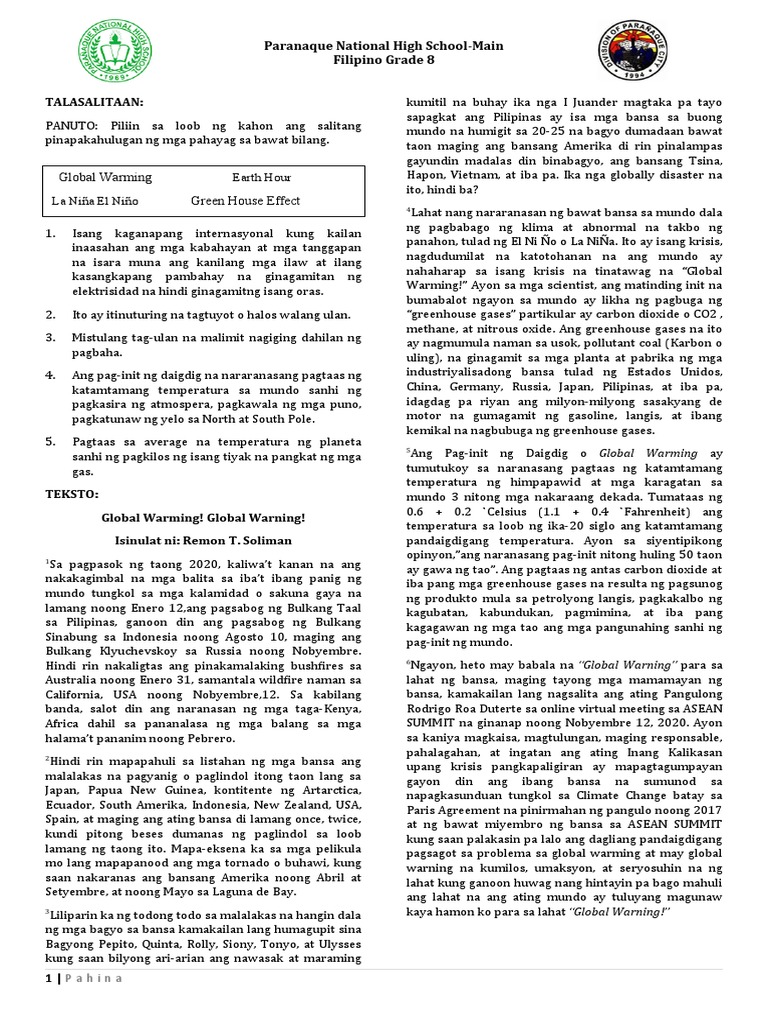1 Filipino Q3 W8 Module Global Warming Teksto at Hakbang Sa Pagbuo | PDF