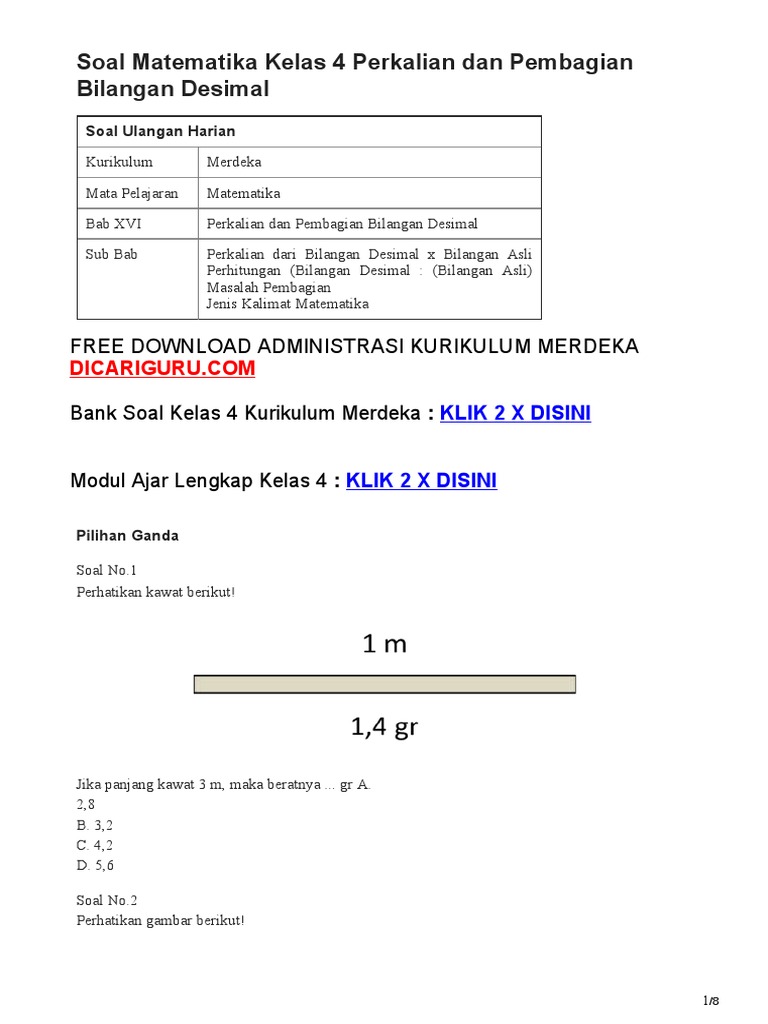 (DICARIGURU - COM) Soal Matematika Kelas 4 Perkalian Dan Pembagian Bilangan Desimal | PDF