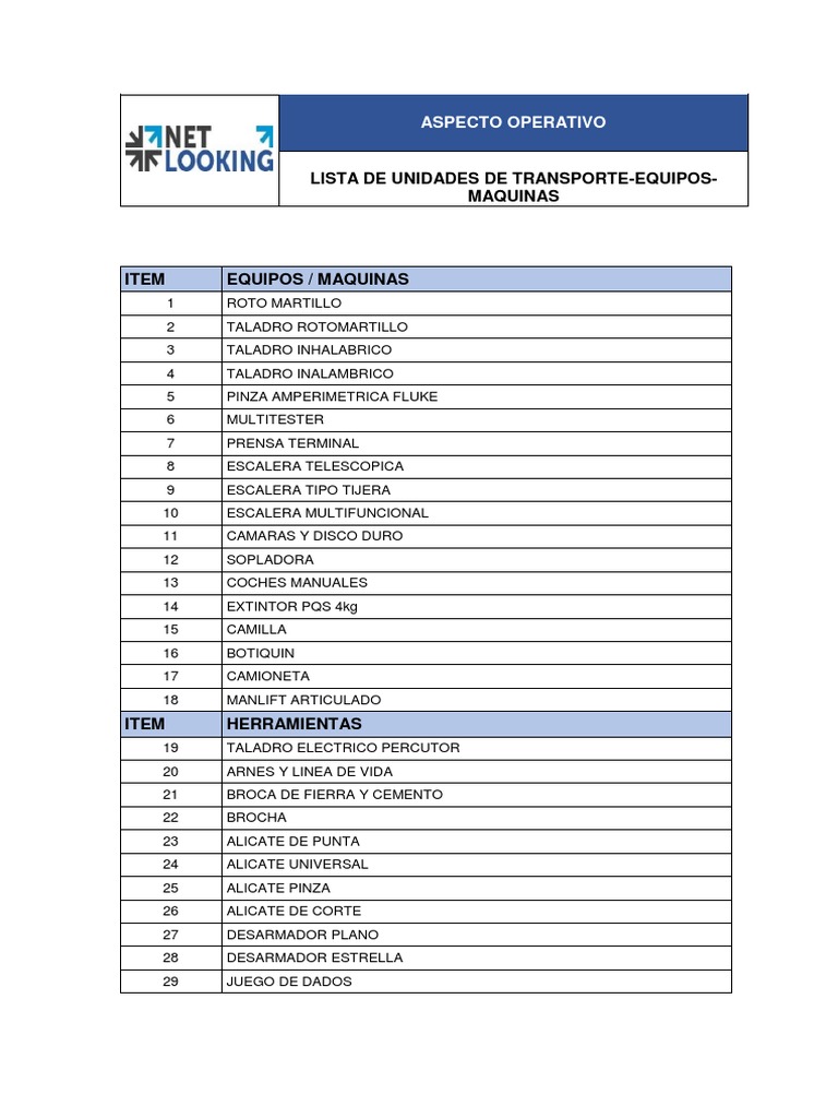Lista de Equipos Maquinaria | PDF