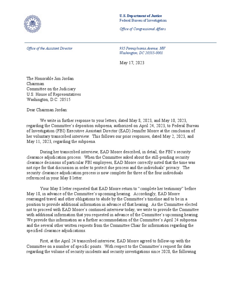 FBI Letter To Jordan - May 17, 2023 | PDF