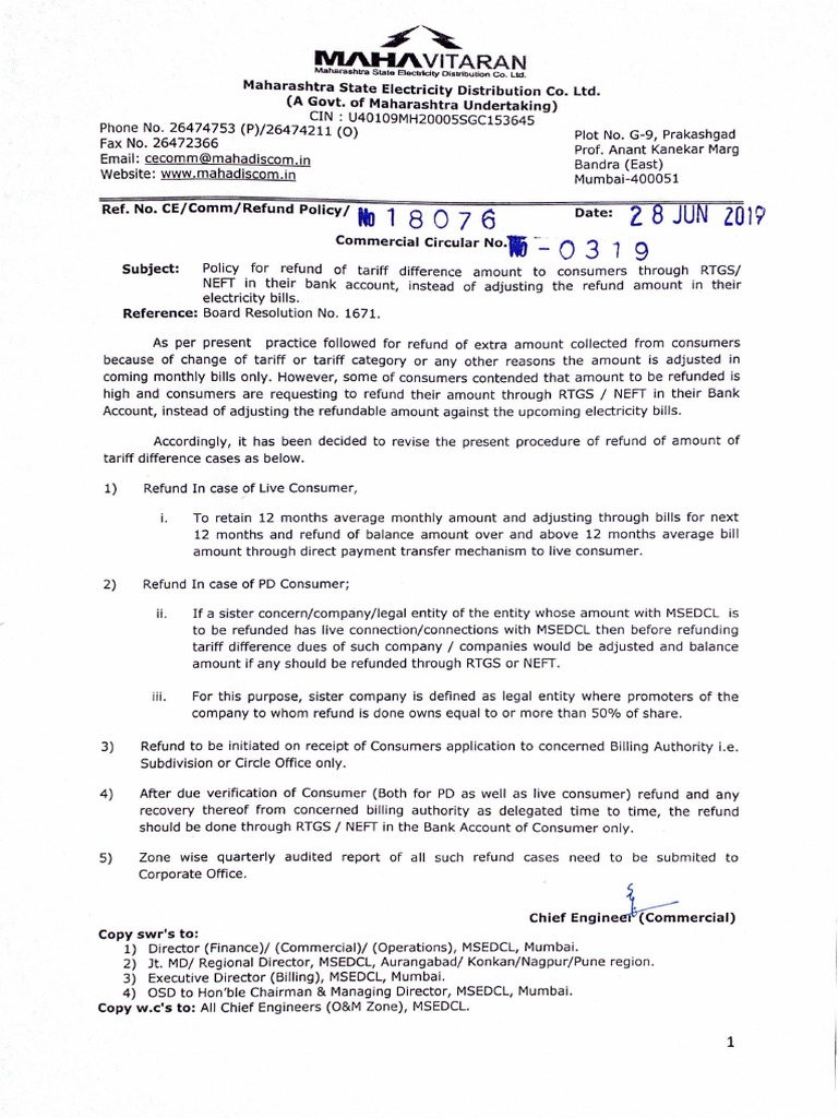 Msedcl Refund Circular Excess Charges | PDF | Economies | Money
