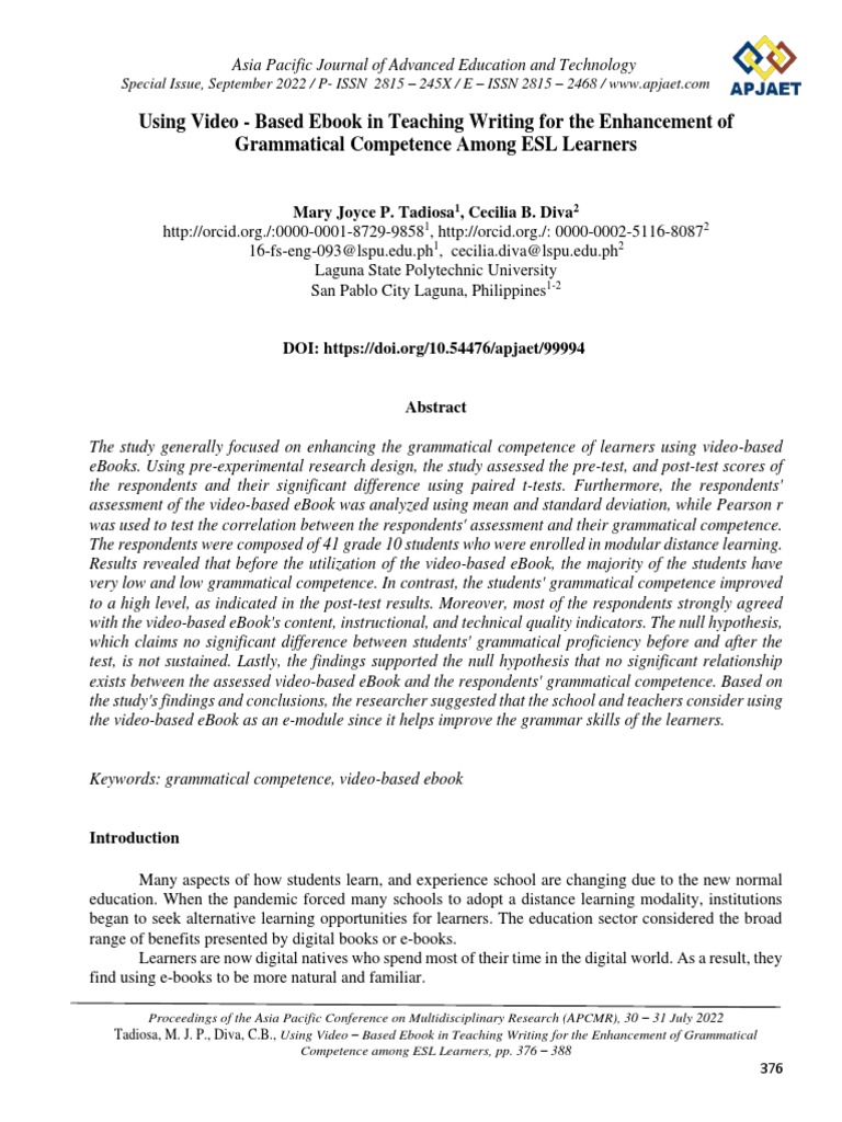 Using Video - Based Ebook in Teaching Writing For The Enhancement of Grammatical Competence ...