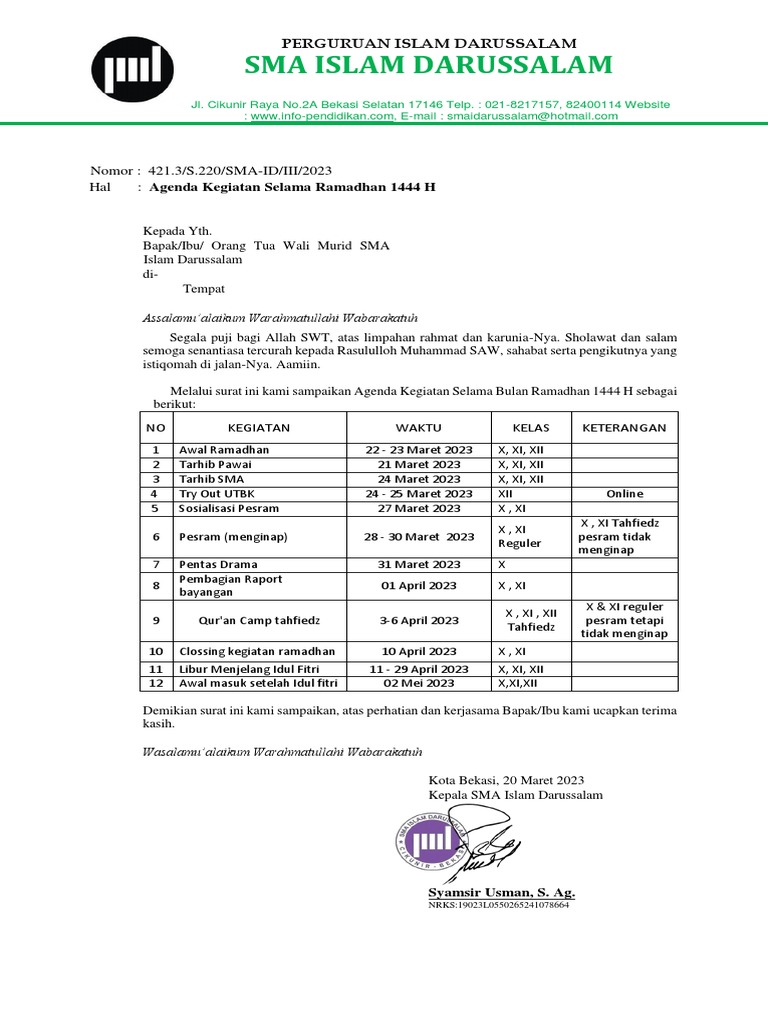 Surat Pemberitahuan Agenda Ramadhan TP 20222023 | PDF