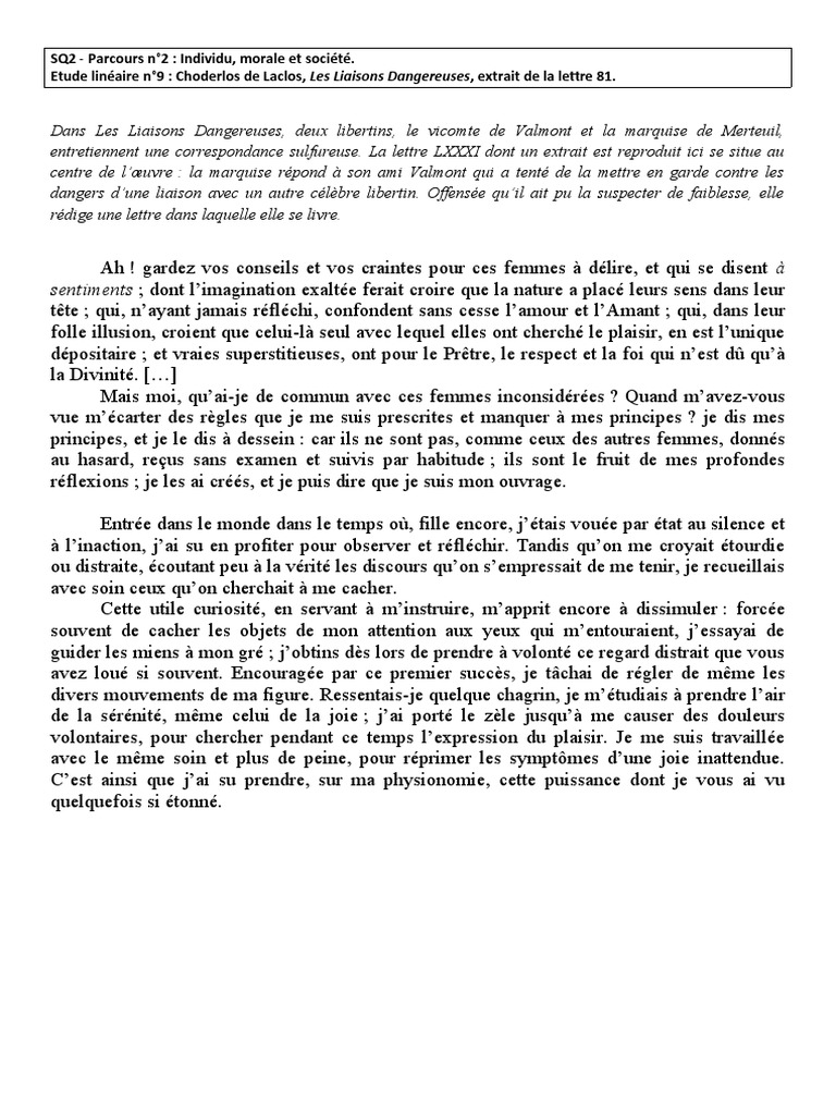 Analyse Linéaire Les Liaisons Dangereuses | PDF