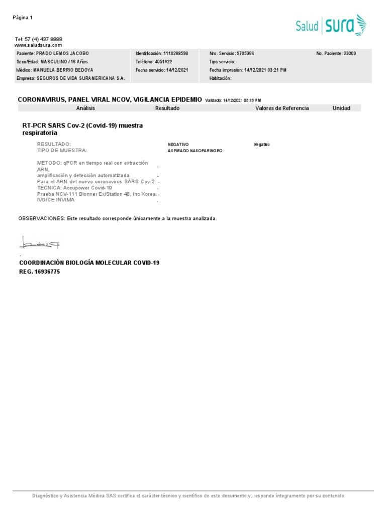Resultado RT-PCR COVID-19 Negativo | PDF