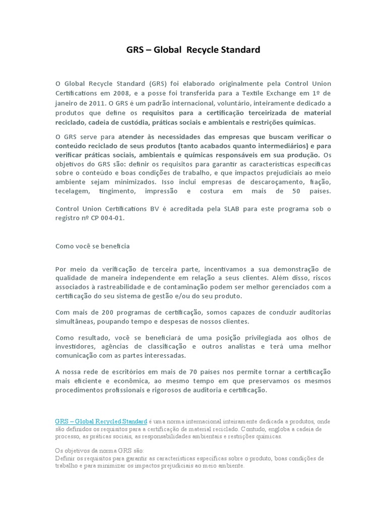GRS - Global Recycled Standard | PDF | Business | Economias