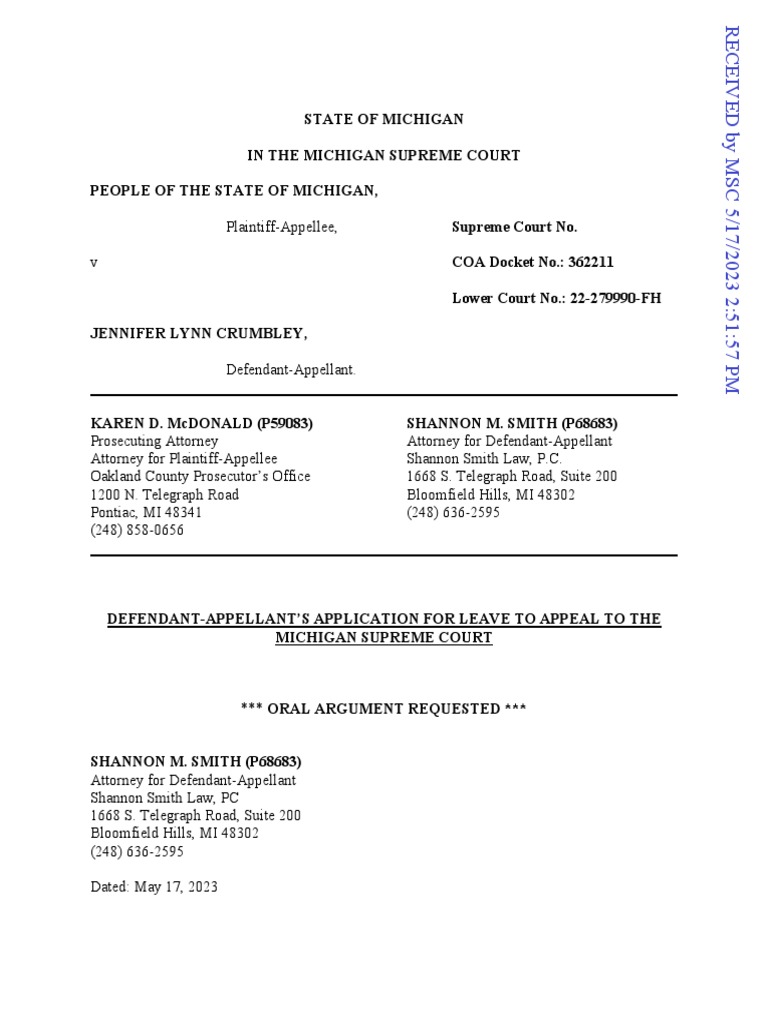 Appeal To Michigan Supreme Court | PDF | Law