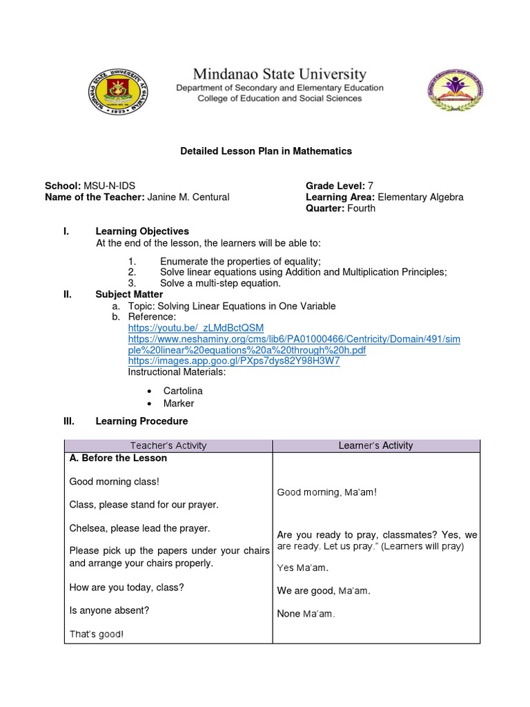Detailed Lesson Plan 7 | PDF | Teaching Methods & Materials