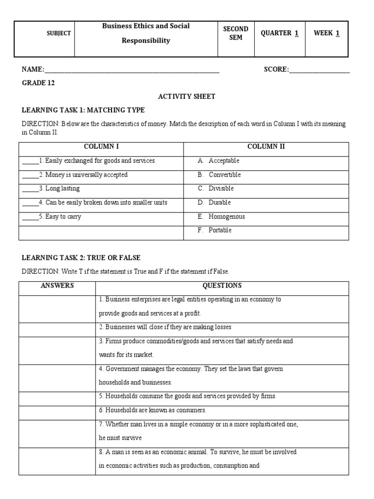 Business Ethics: Money Characteristics Quiz | PDF | Finance & Money ...
