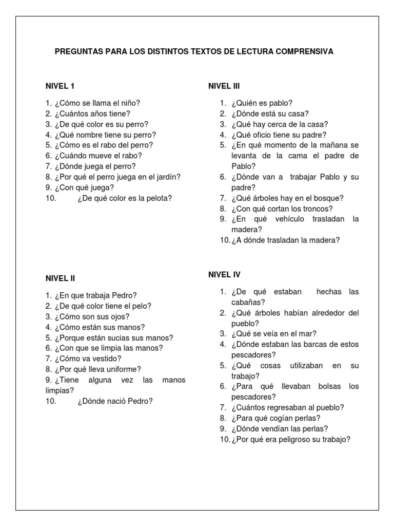 Preguntas para Lectura Comprensiva | PDF | Artes del Lenguaje y ...