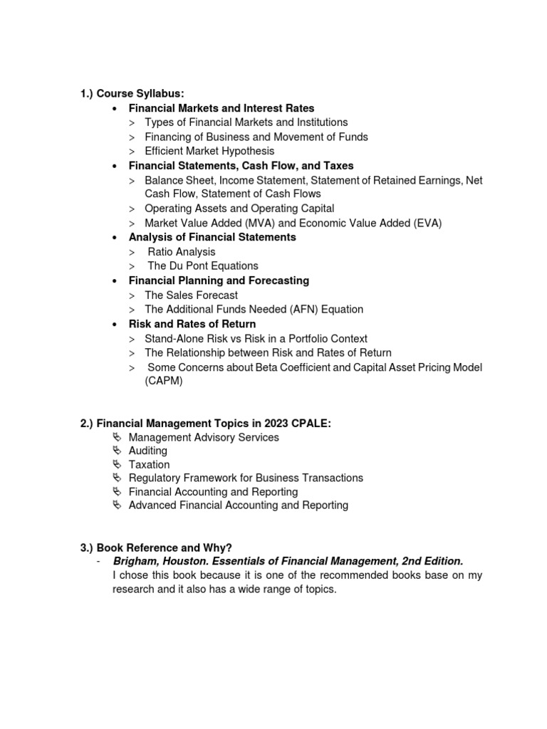 Financial Markets Course Syllabus Ratios Statements Risk Returns | PDF