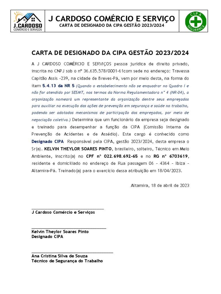Carta de Designado Da Cipa Gestão 2023 | PDF