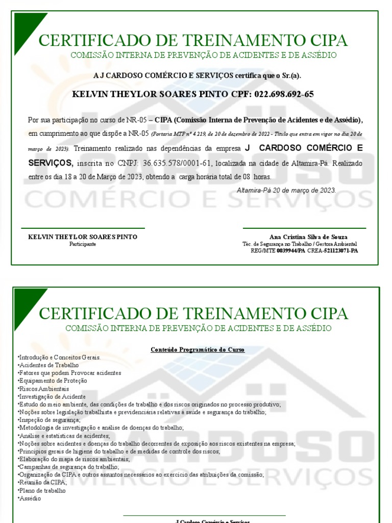 Certificado de TReinamento | PDF