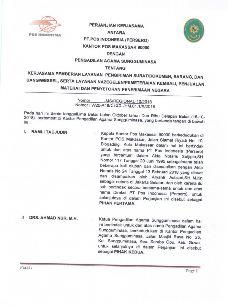 Perjanjian Kerjasama dengan PT POS | PDF