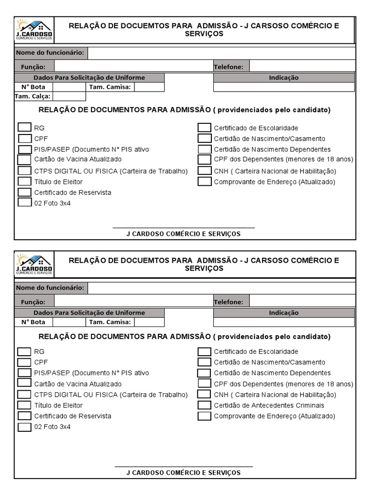 Lista de Documentos Admissionais | PDF