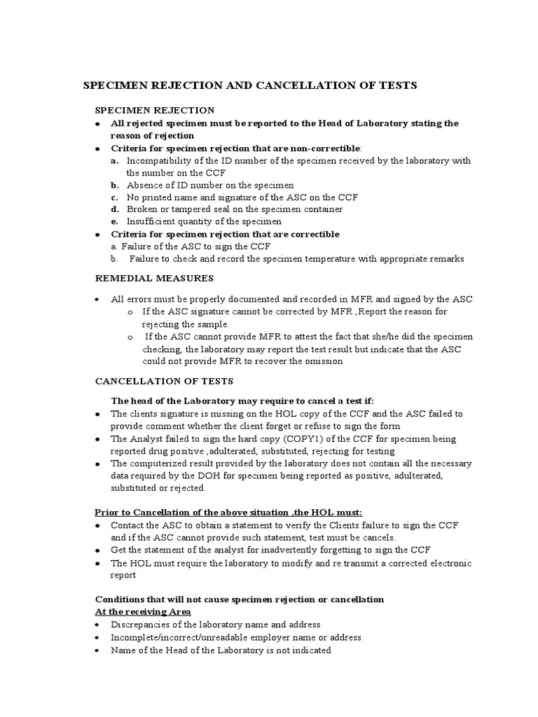 Rev 2 SPECIMEN REJECTION AND CANCELLATION OF TESTS | PDF | Career & Growth