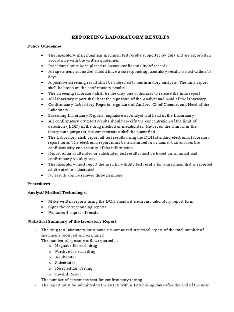 Laboratory Reporting Guidelines for Drug Tests | PDF
