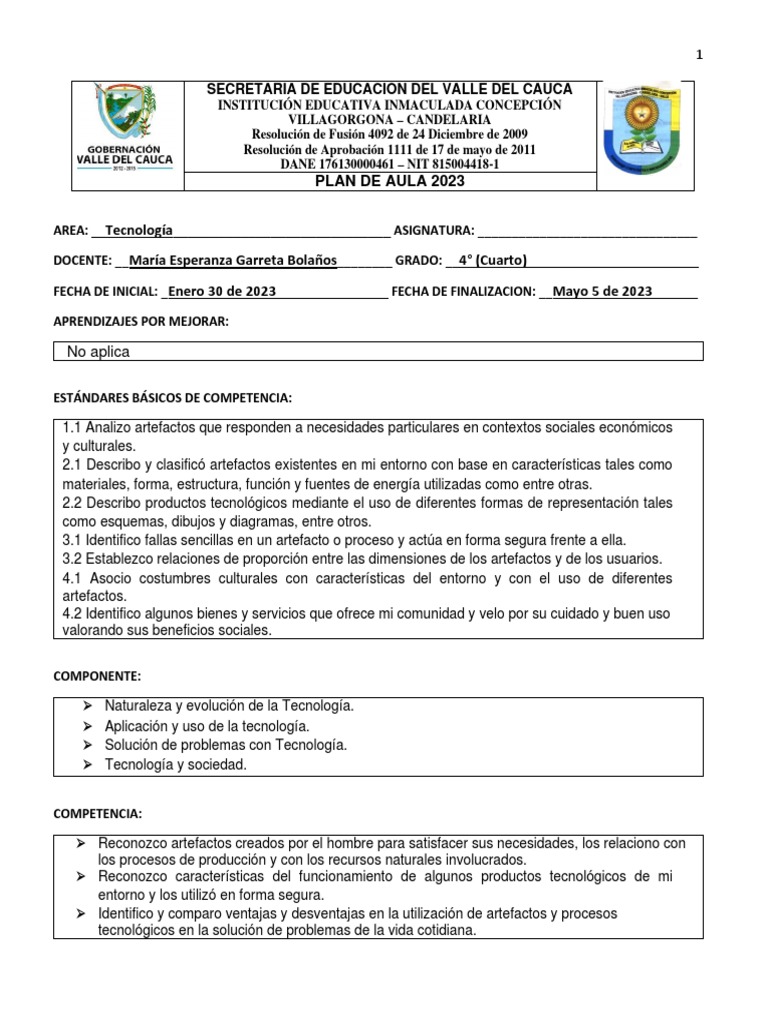 Plan de Aula 4° (1 P) 2023 | PDF | Herramientas | Equipo