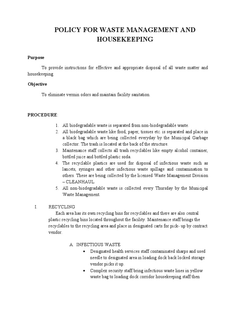 Policy For Waste Management and Housekeeping | PDF
