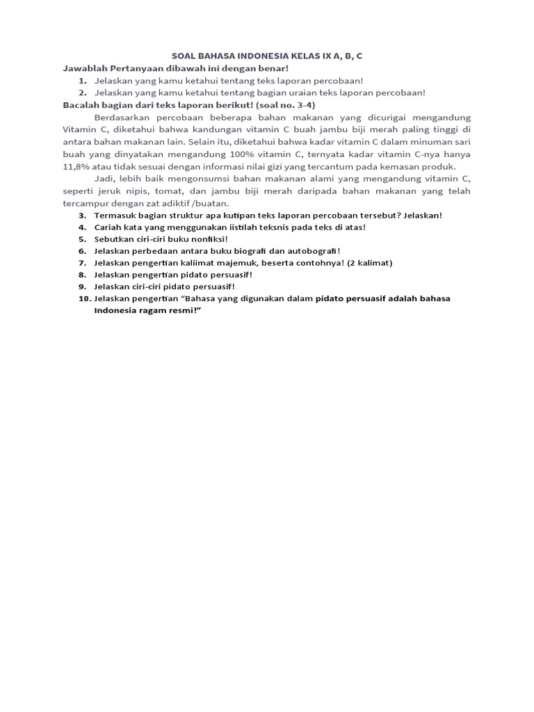 SOAL PTS Ganjil BAHASA INDONESIA KELAS IX A | PDF | Kajian Bahasa Asing | Kesehatan Holistik