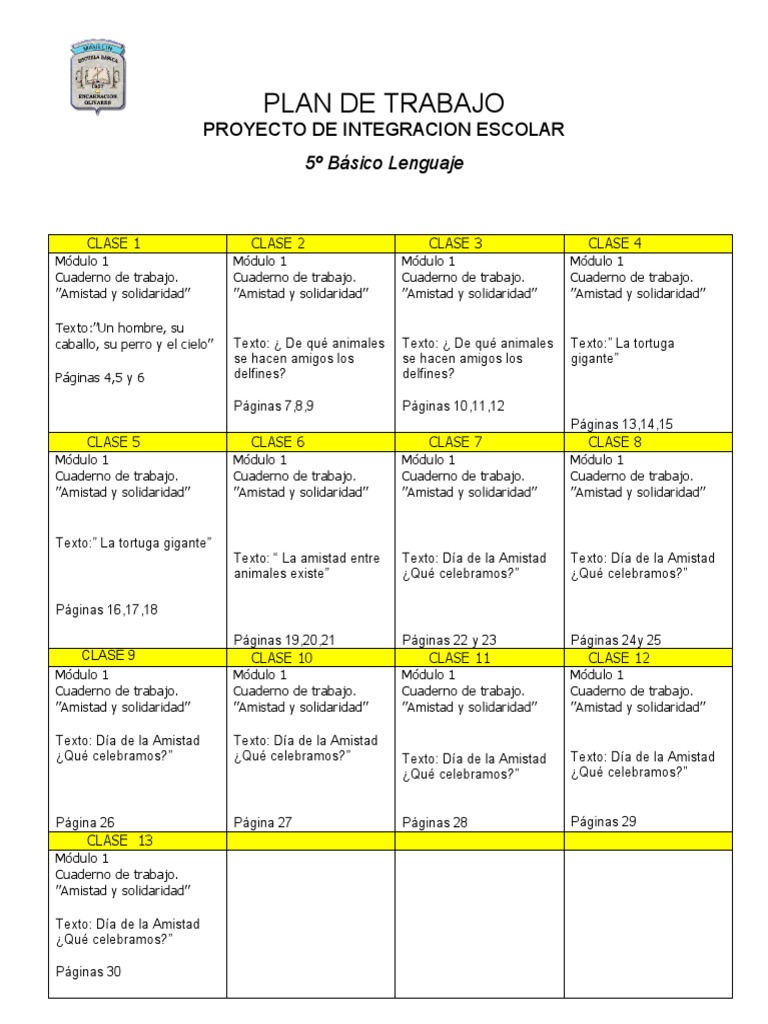 Plan de Trabajo Lenguaje 5° | PDF