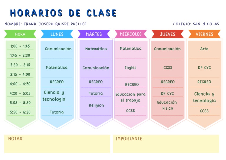 Horario de Clases Planificador Escolar Infantil Juvenil Colorido | PDF