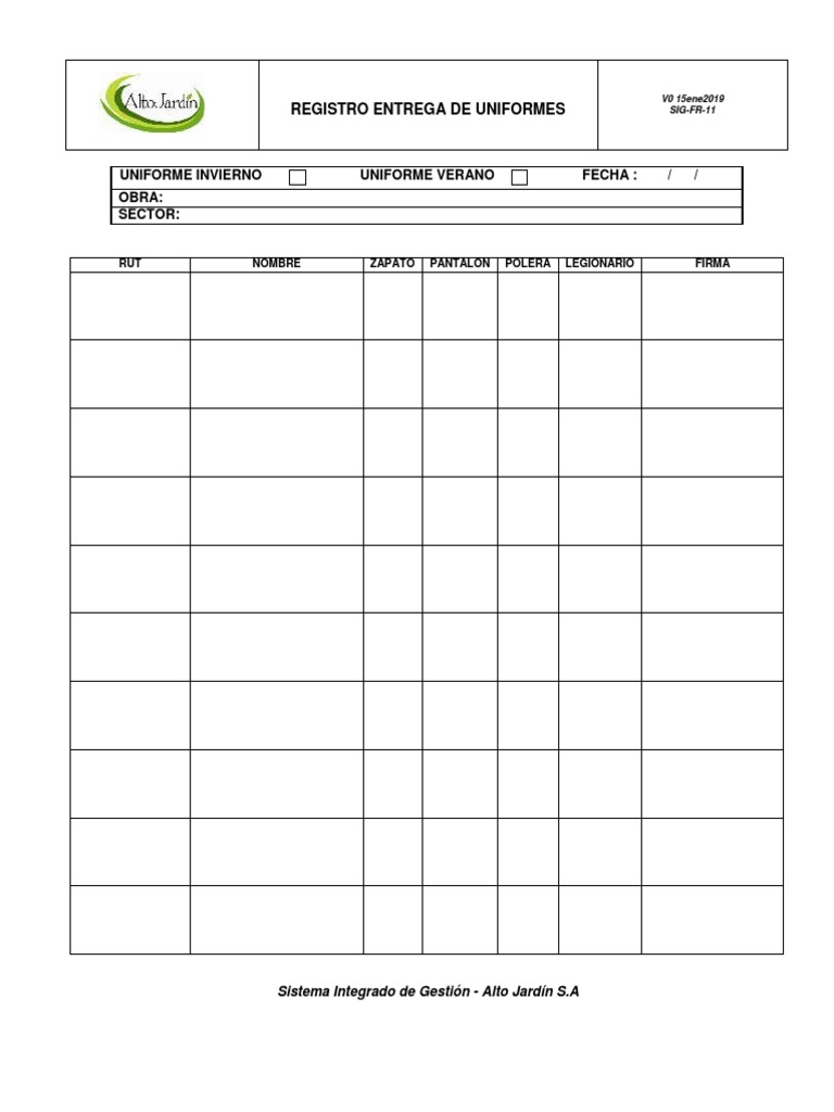 SIG-FR-11 Registro Entrega de Uniformes V0 | PDF SIG-FR-11 Registro Entrega de Uniformes V0 | PDF