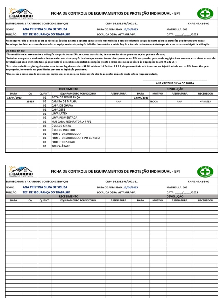 Ficha de Epi J Cardoso | PDF | Equipamentos de proteção individual ...
