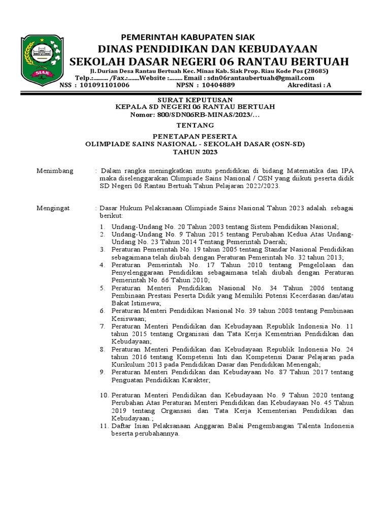 SK Sekolah Peserta KSN Contoh | PDF