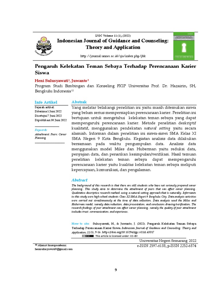 Pengaruh Kelekatan Teman Sebaya Terhadap Perencanaan Karier Siswa | PDF