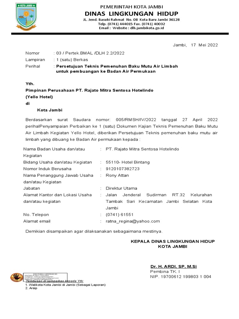 Surat Persetujuan Teknis Dan Lampiran Pertek Yello Hotel New | PDF
